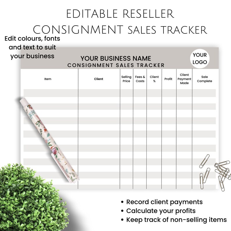 Consignment Sales Tracker Template, Neutral Editable Reseller ...