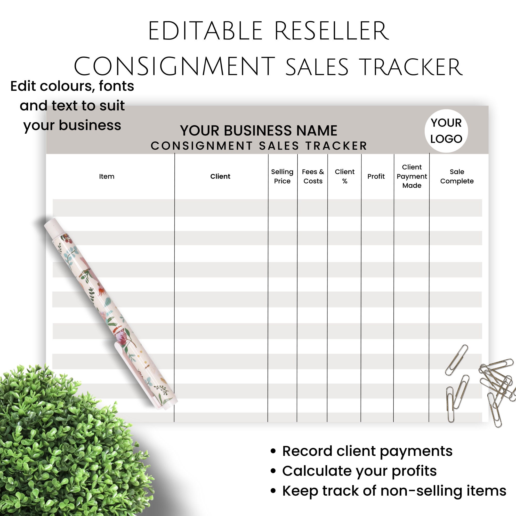 Consignment Sales Tracker Template, Neutral Editable Reseller ...