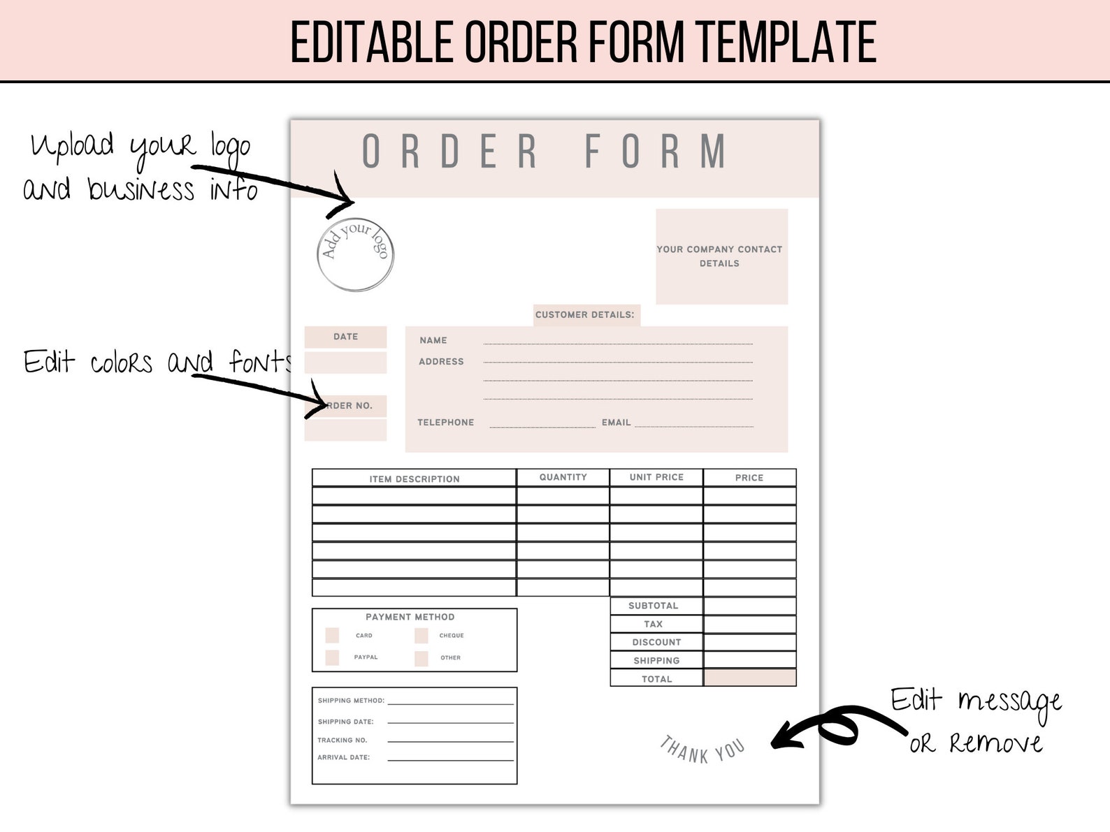 Editable Order Form Template, Printable and Customizable Order Forms ...