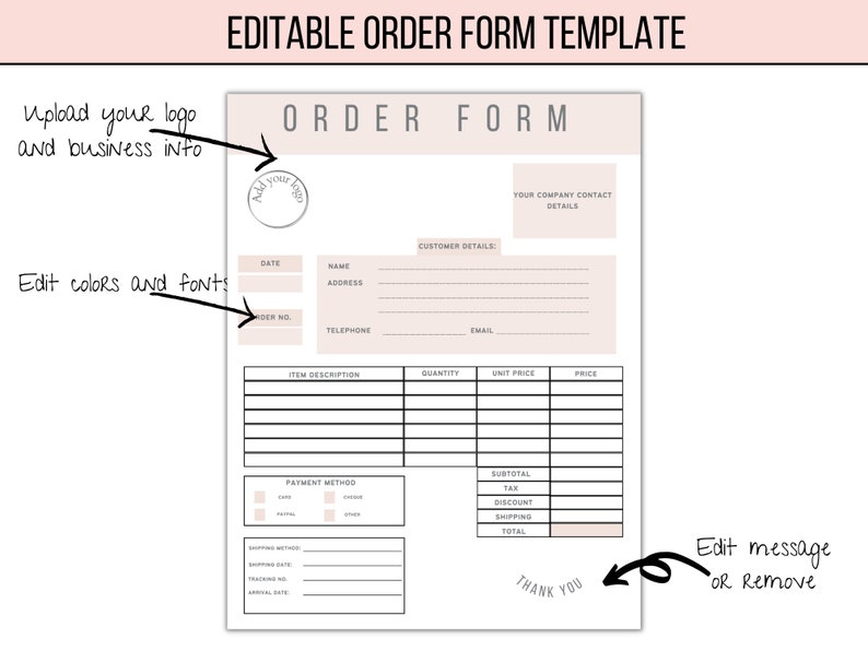 Editable Order Form Template, Printable and Customizable Order Forms ...