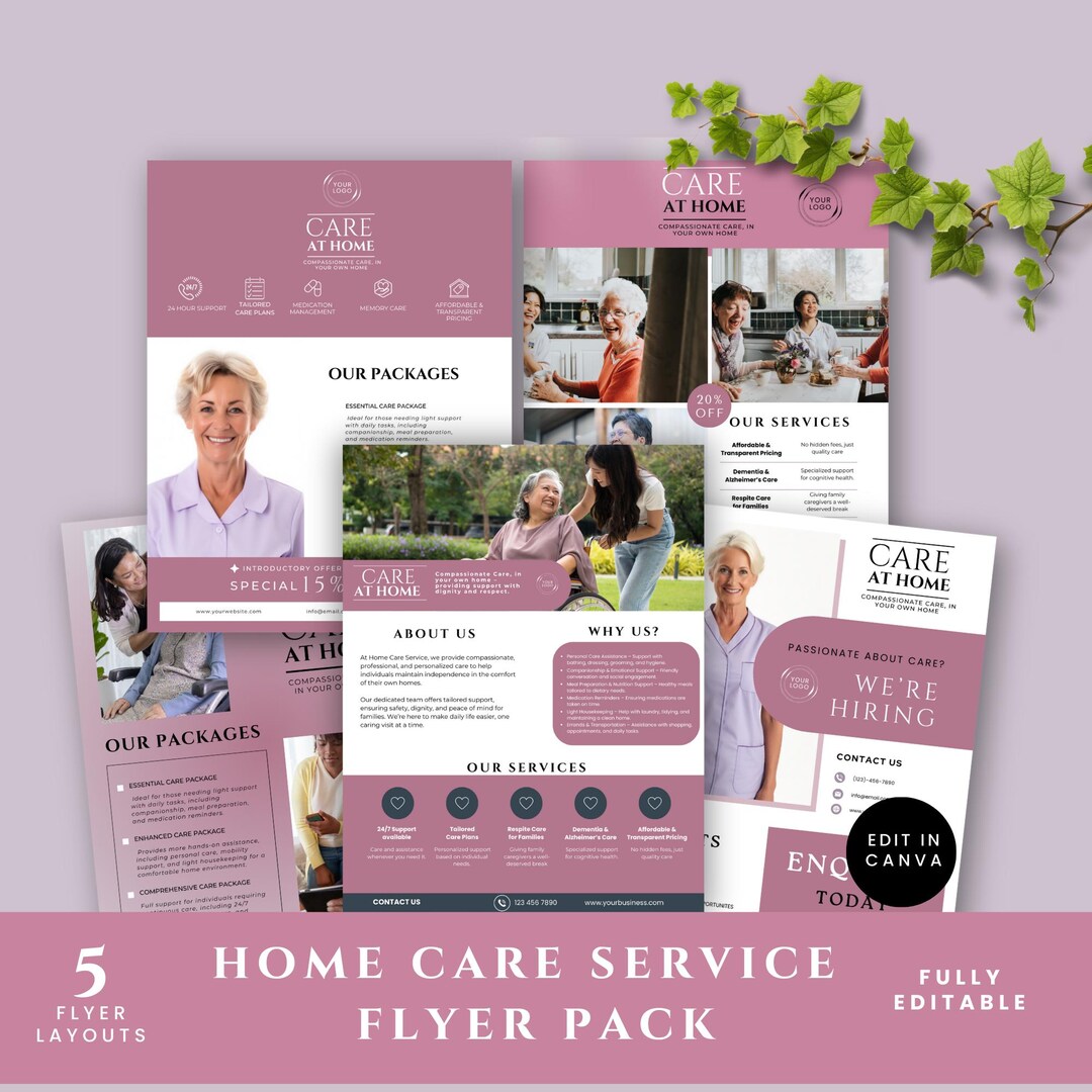 Editable Home Care Service Flyers Pack, Flyers Templates for at Home ...