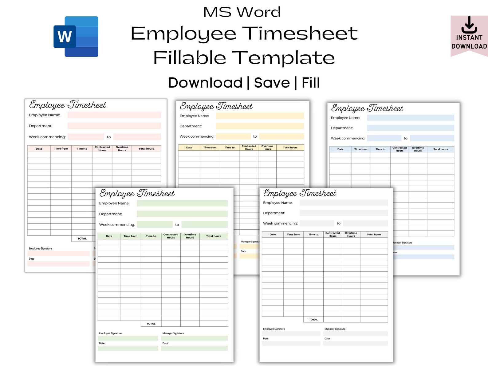 Employee Timesheet Printable Template, MS Word Fillable Template for ...