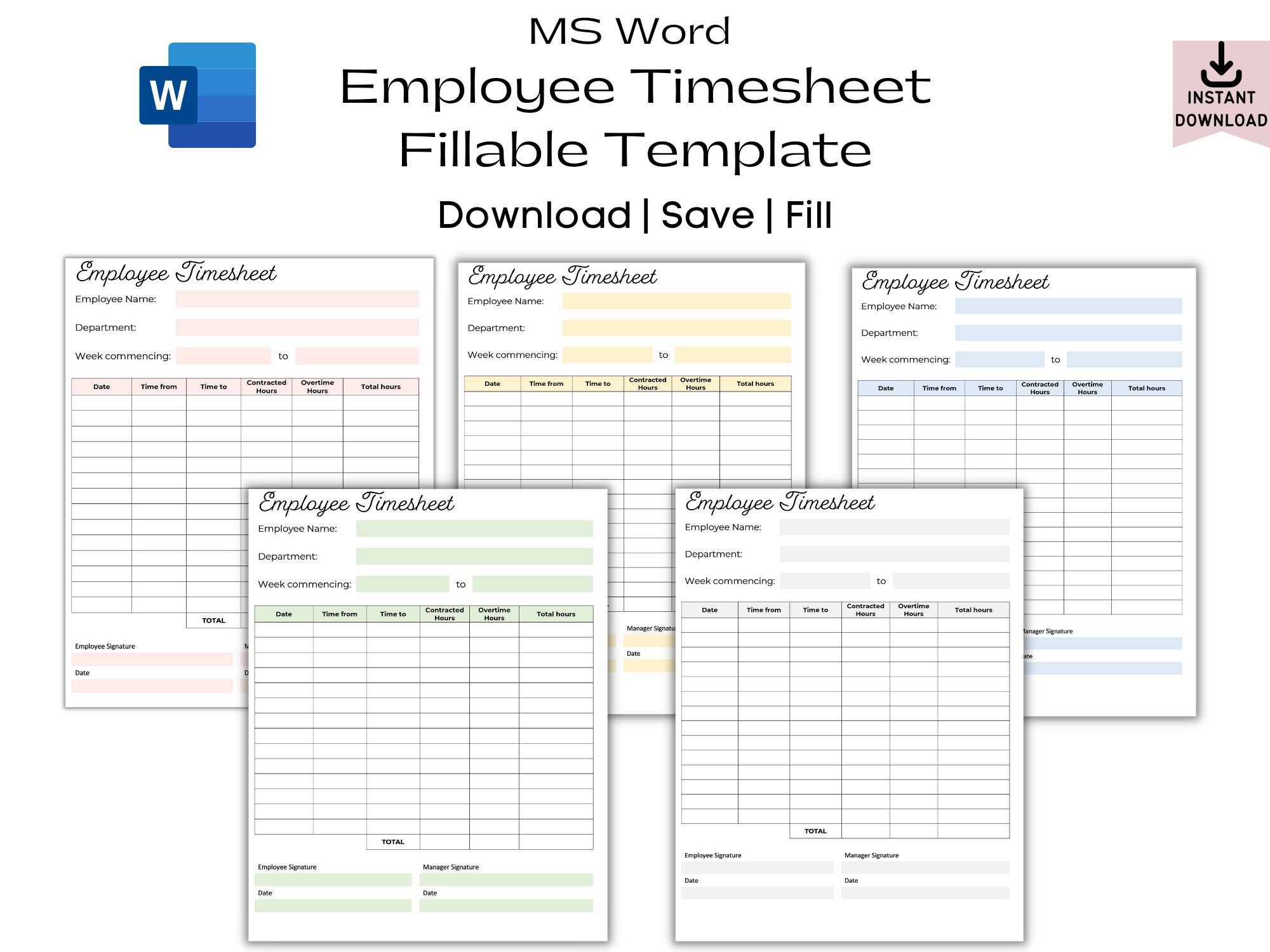 Employee Timesheet Printable Template, MS Word Fillable Template for ...