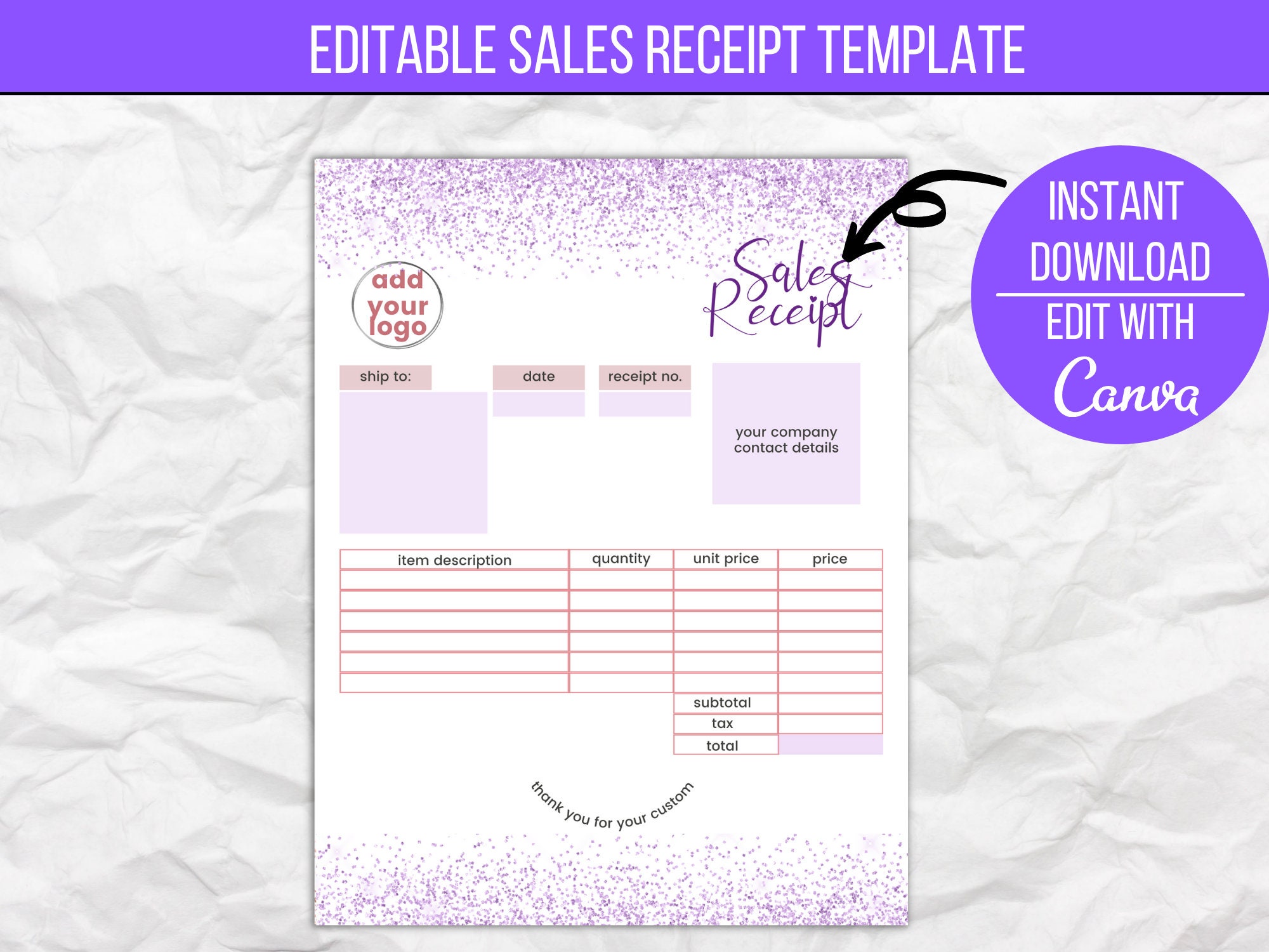 Editable Business Sales Receipt Template, Customizable and Printable ...