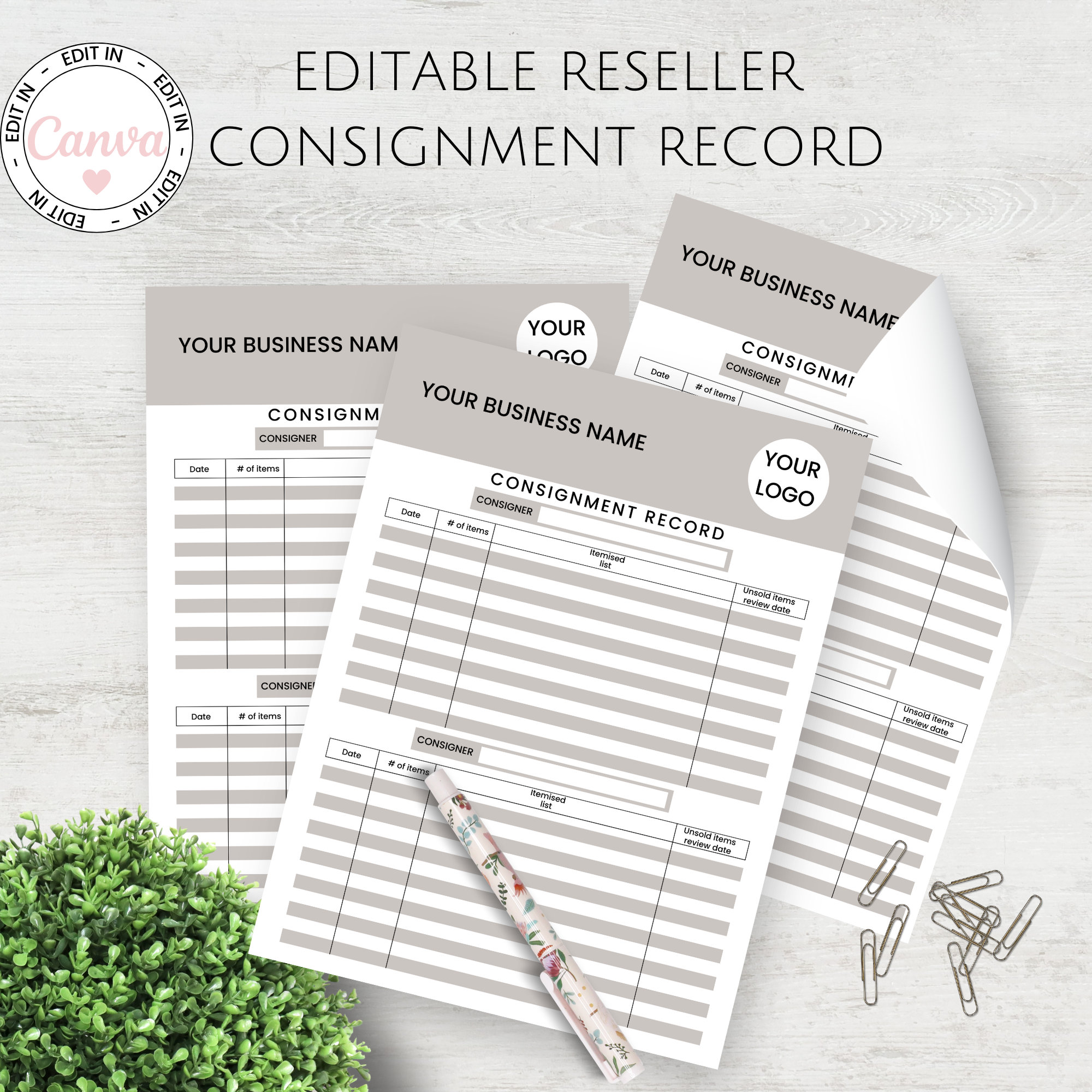 Consignment Record Sheet, Neutral Editable Reseller Consignment Log ...