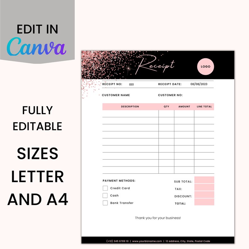 Editable Business Sales Receipt Template, Customizable and Printable ...