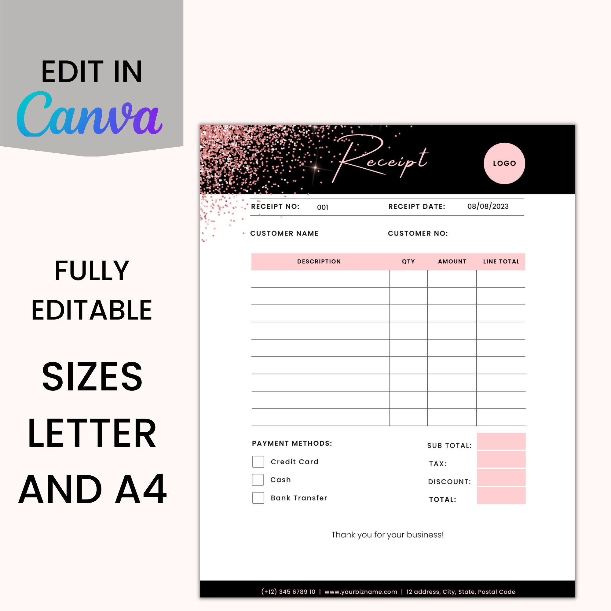 Editable Business Sales Receipt Template, Customizable and Printable ...