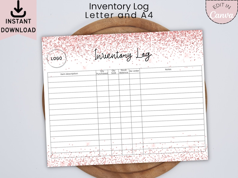 Pink Glitter Editable Inventory Tracker Template, Inventory Log Canva ...