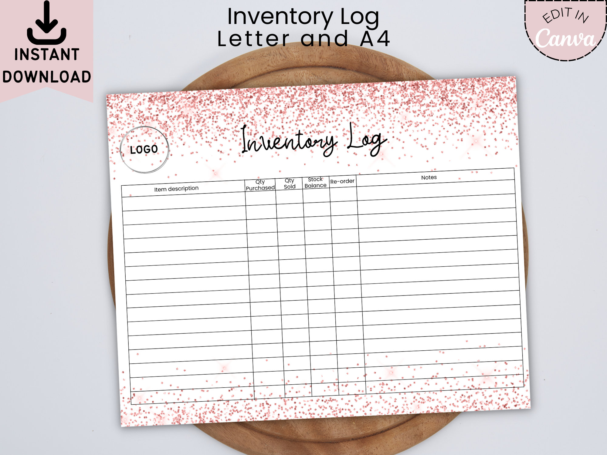 Pink Glitter Editable Inventory Tracker Template, Inventory Log Canva ...
