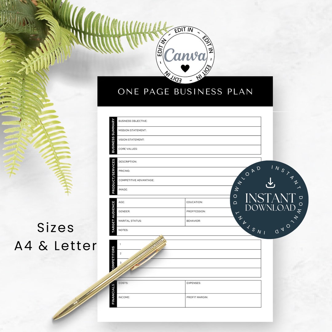 One Page Business Plan Template, Canva Template for a 1 Page Business ...