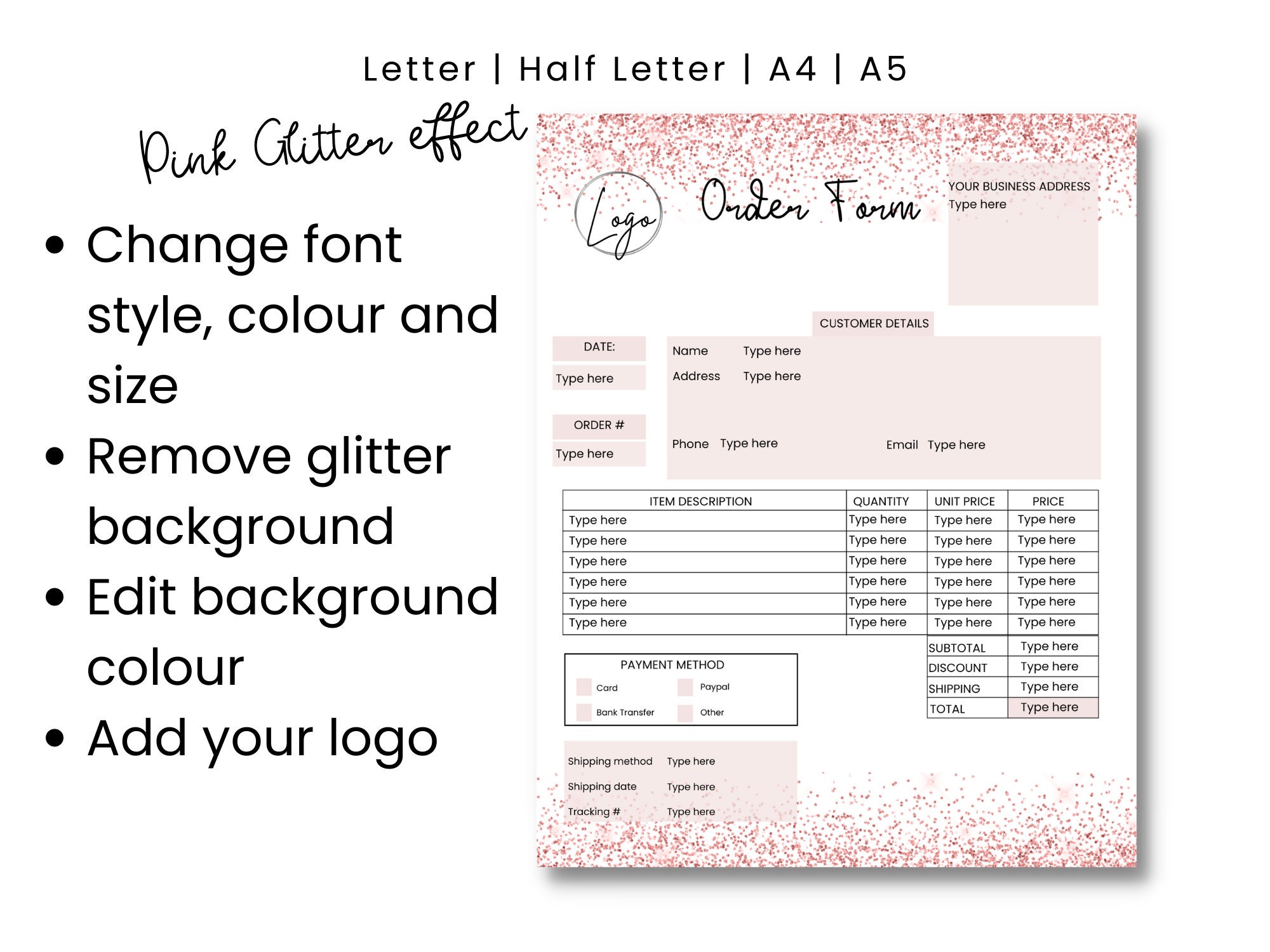 Pink Glitter Editable Order Form Template, Order Form Canva Template ...