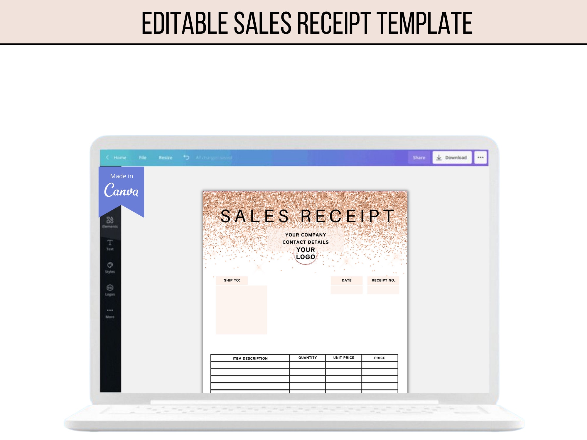 Editable Business Sales Receipt Template, Customizable and Printable ...