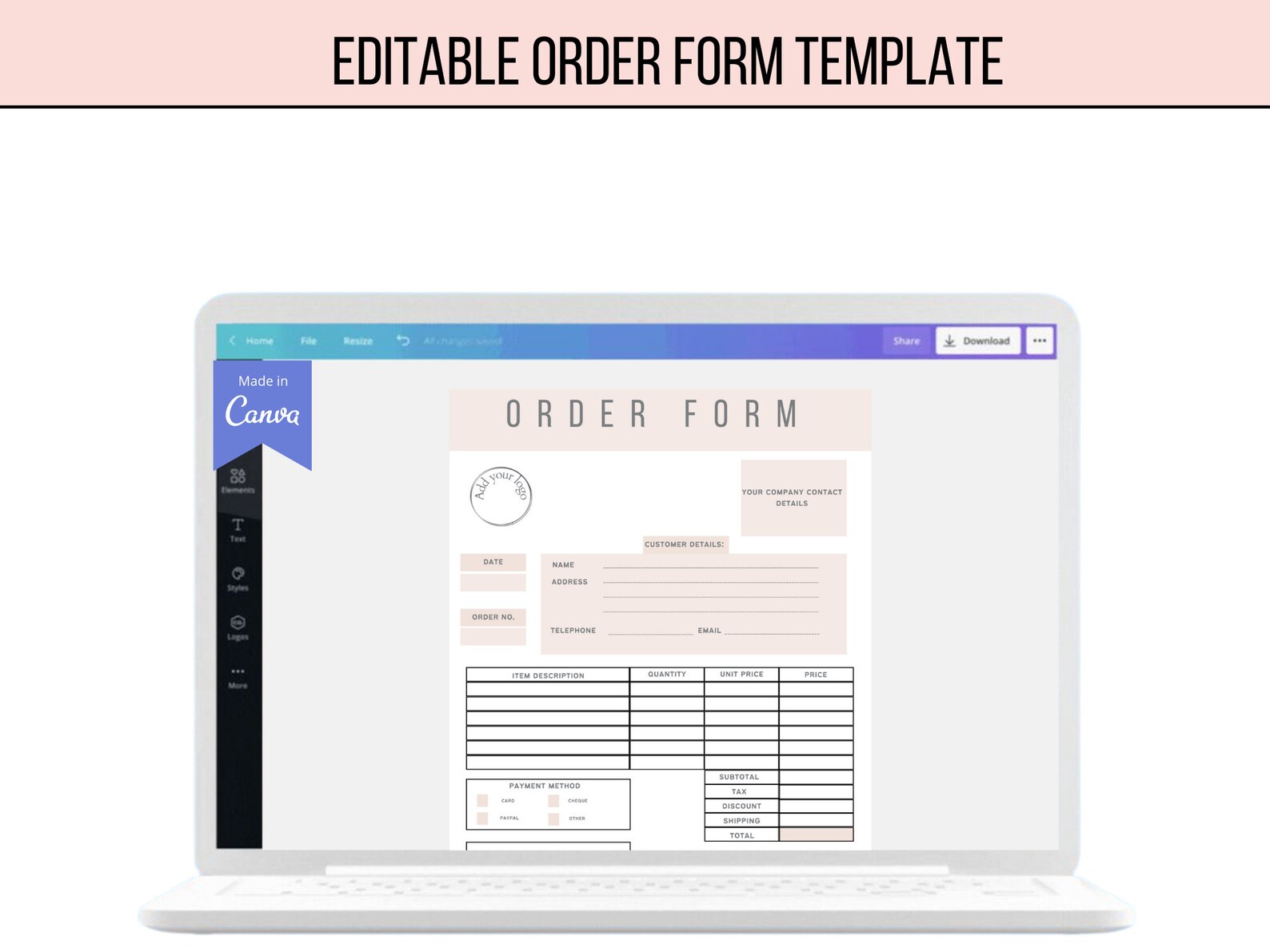 Pink Editable Order Form Template, Printable and Customizable Order ...