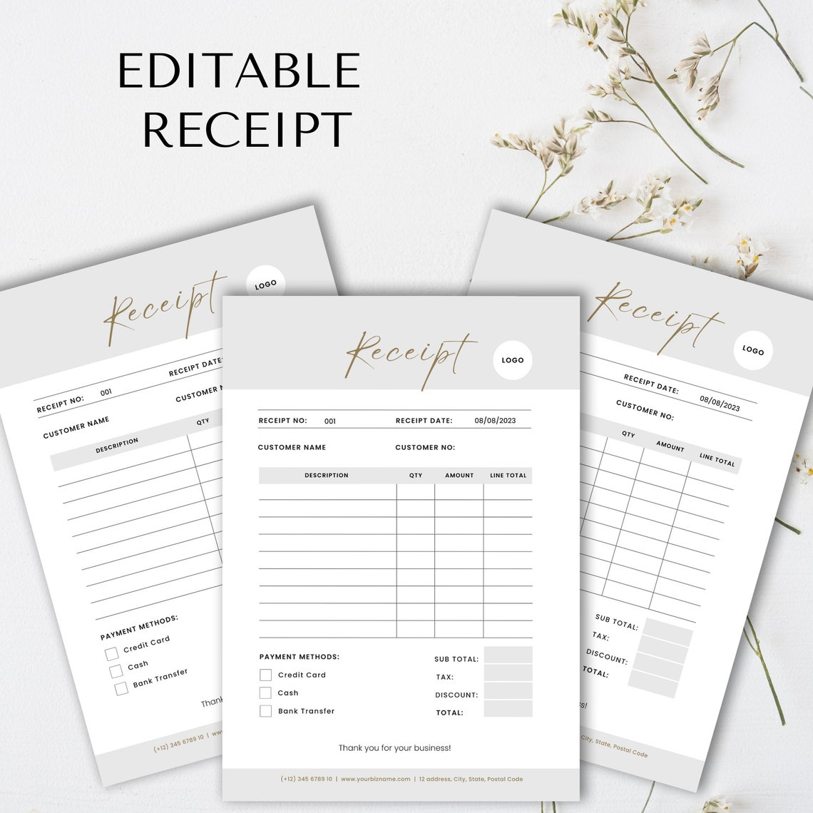 Editable Business Sales Receipt Template, Customizable and Printable ...