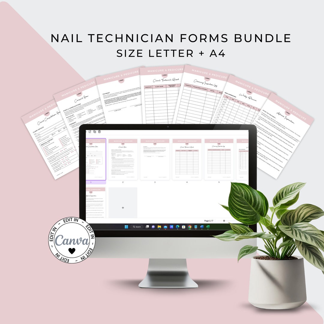 Editable Nail Technician Forms Bundle, Pink Esthetician, Manicure ...