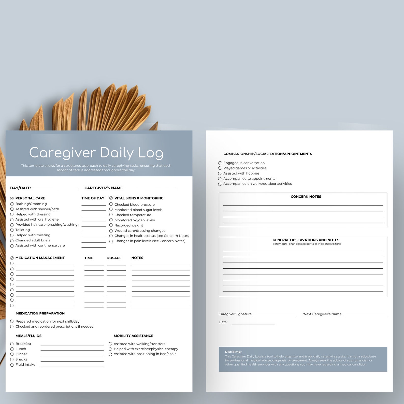 Daily Checklist for Elderly Care, Editable Caregiver Printable Record ...