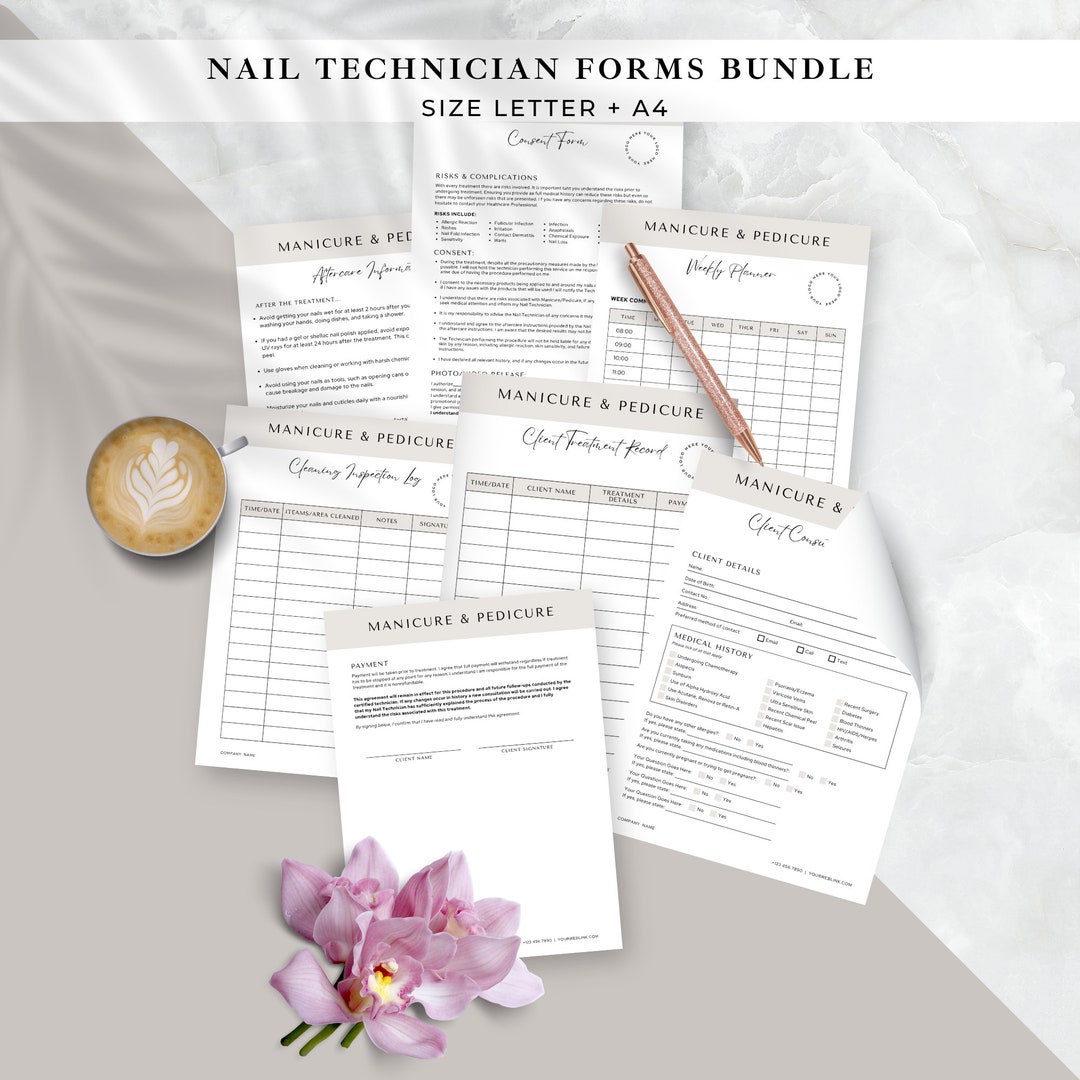 Editable Nail Technician Forms Bundle, Neutral Esthetician, Manicure ...
