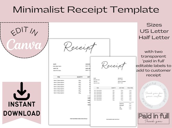Minimalist Business Receipt Template Editable Customer - Etsy