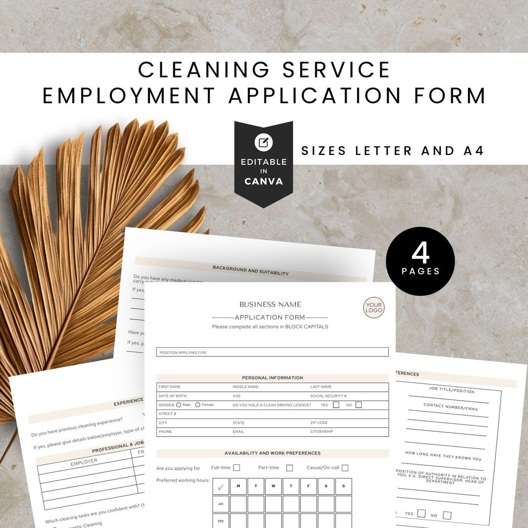 Cleaner Job Application Form, Editable Cleaning Employment Template ...