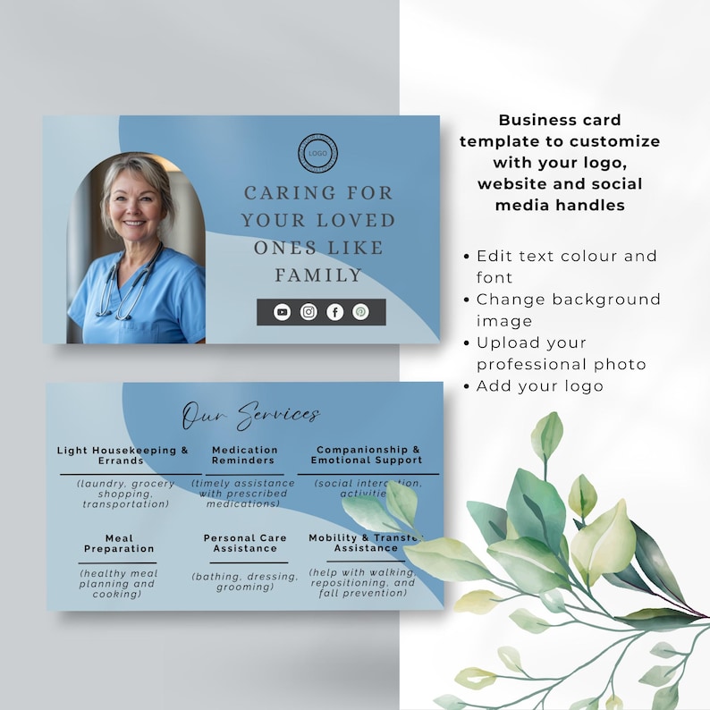 Caregiver Business Card, Home Care Service Business Card, Elderly Care ...
