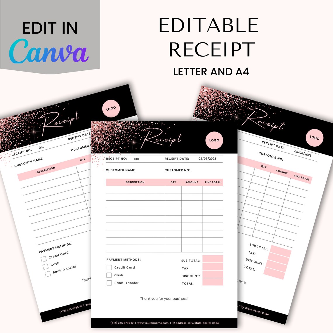 Editable Business Sales Receipt Template, Customizable and Printable ...