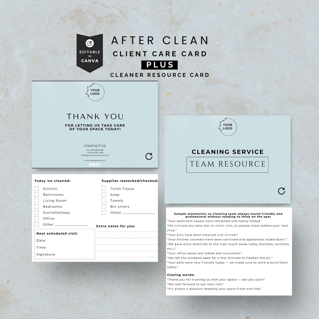 Editable Cleaning Service Care Card Template, After Clean Message Note ...