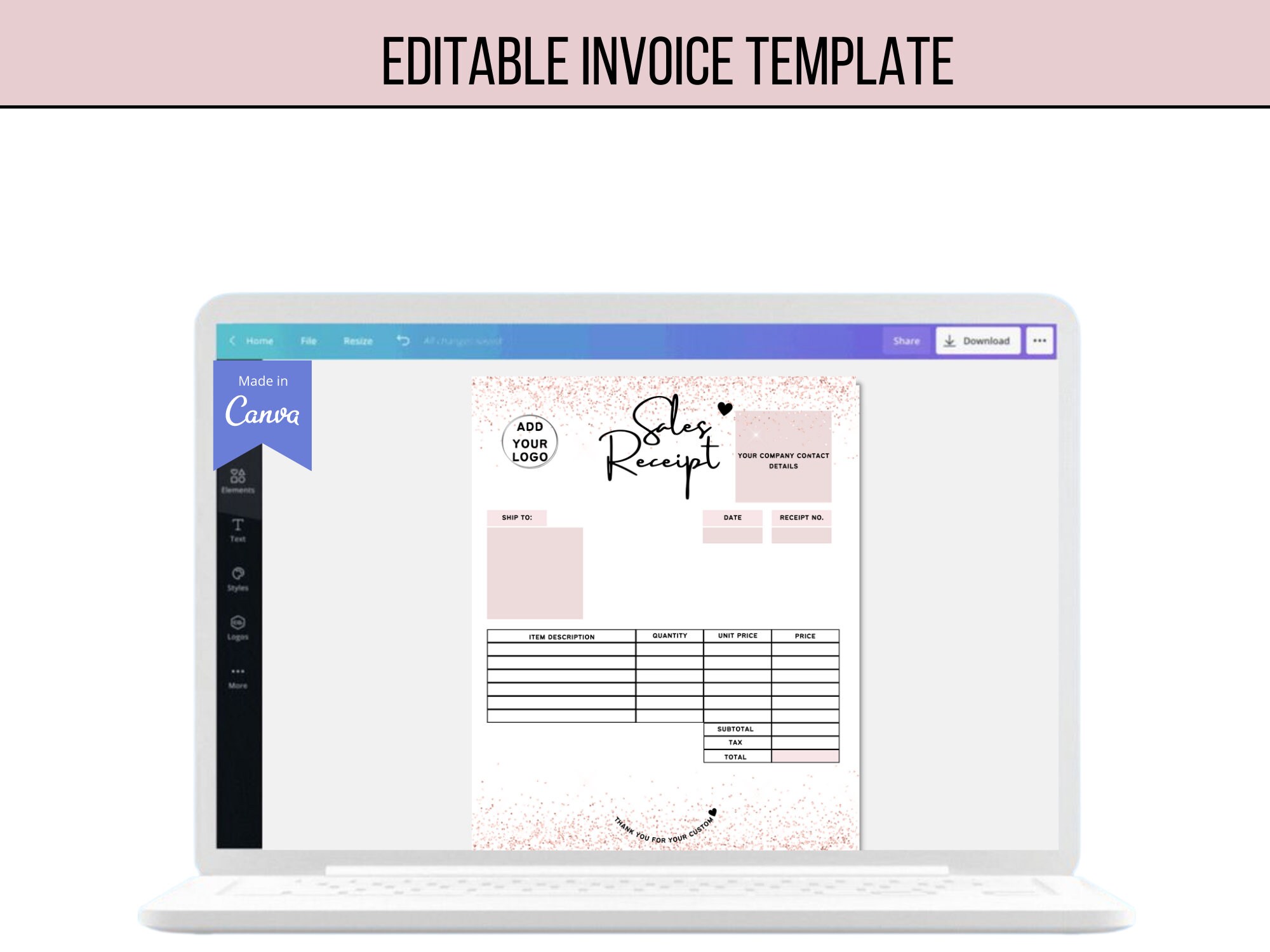 Editable Business Sales Receipt Template, Customizable and Printable ...