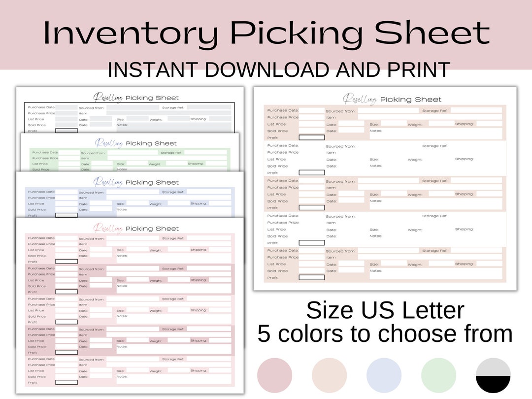 Printable Picking Sheet, Reseller Inventory Record Sheet, Picking Sheet ...