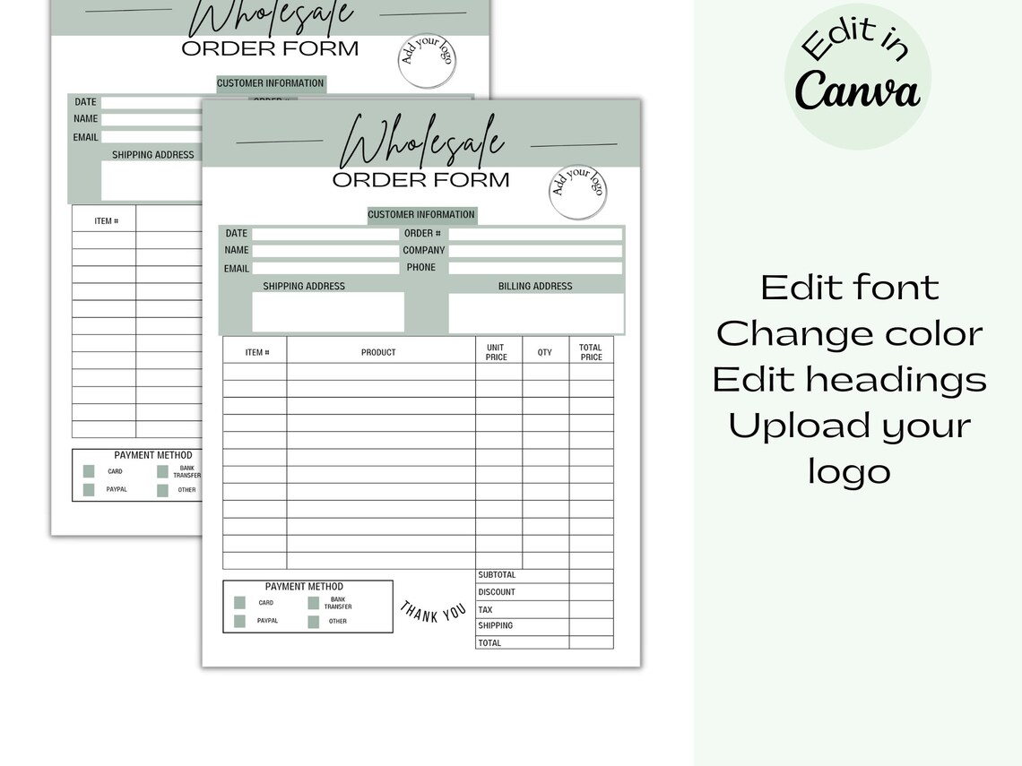 Wholesale Order Form Template, Canva Editable Order Sheet Template ...