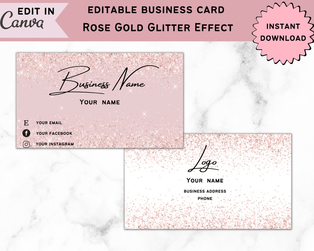 Editable Glitter Rose Gold Business Card Template, Add Your Logo ...