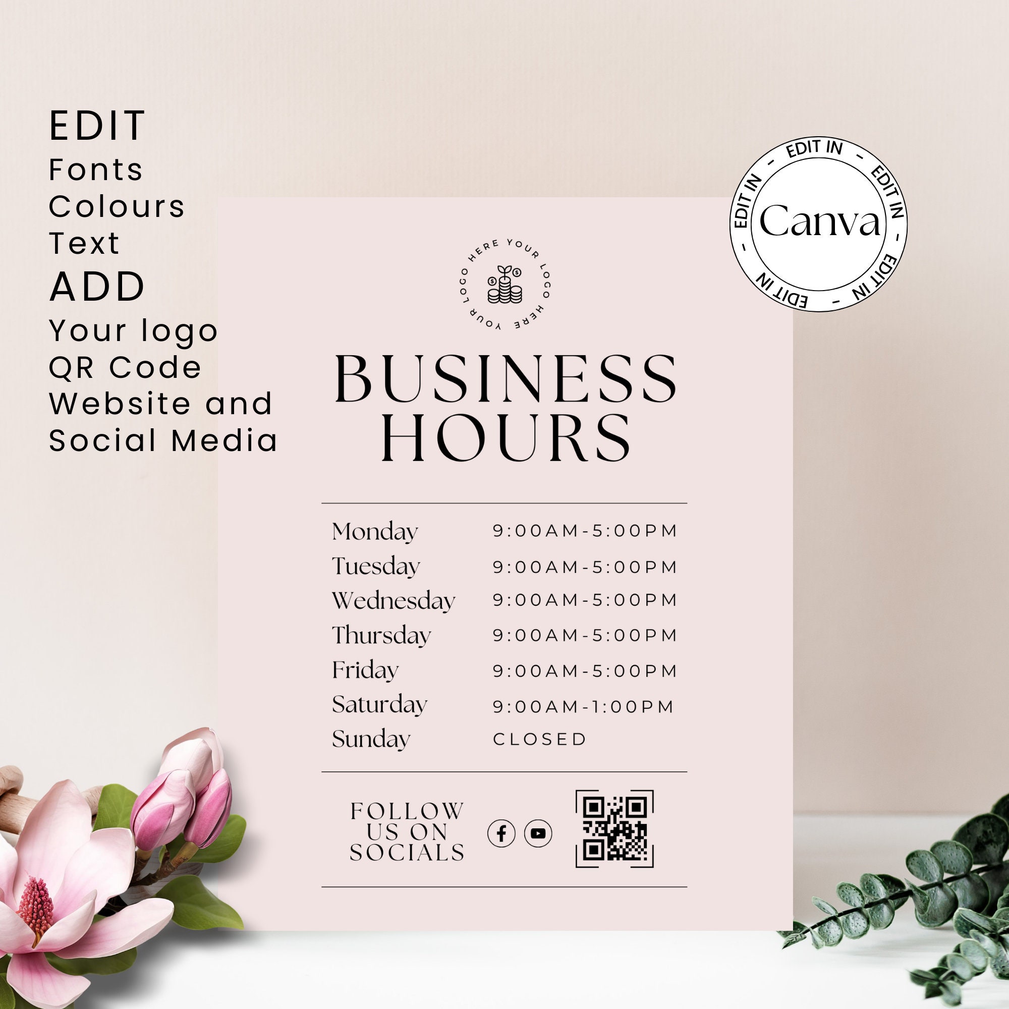 Business Hours Sign Template, Salon Opening Times Window Display, Small ...