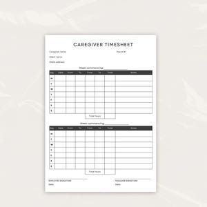 Home Care Timesheets and Caregiver Checklist Plan of Care, Editable ...