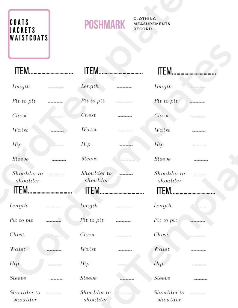 Poshmark Printable Templates Record of Measurements - Etsy