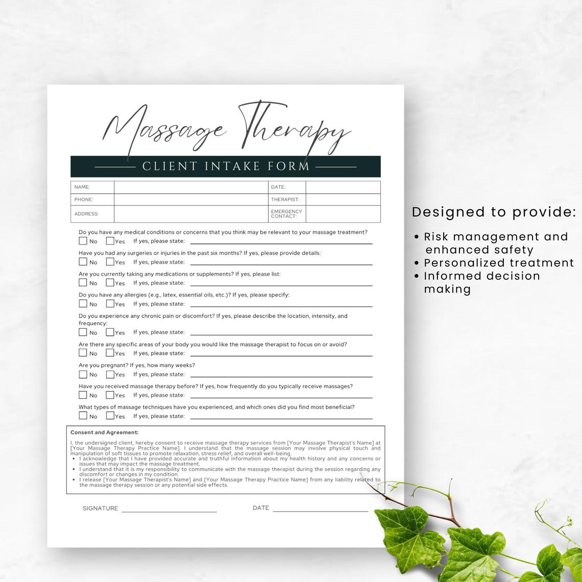 Massage Therapy Client Intake Template, Editable Client Consultation ...