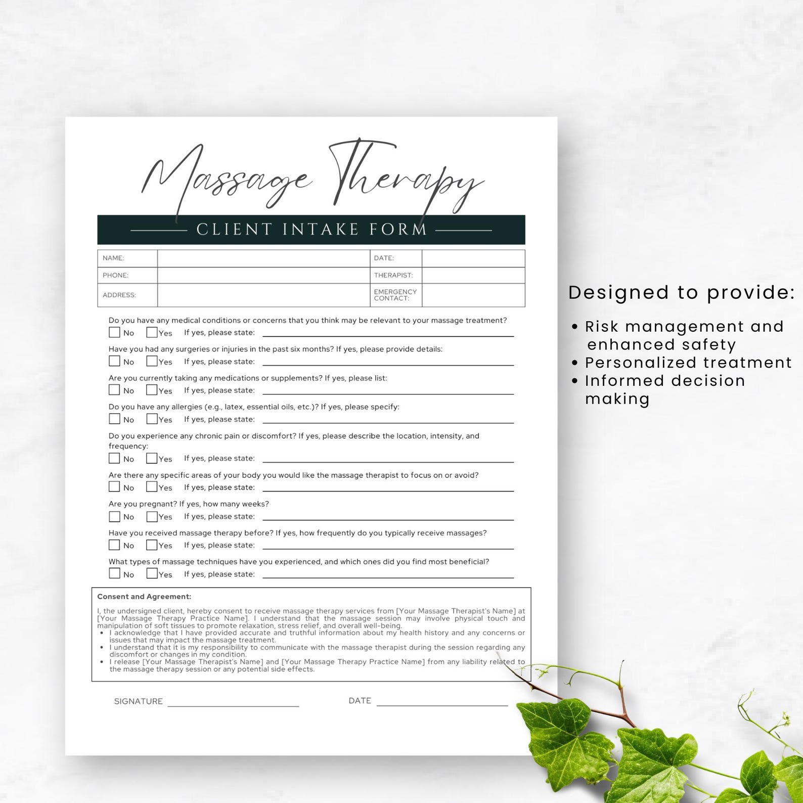 Massage Therapy Client Intake Template, Editable Client Consultation ...