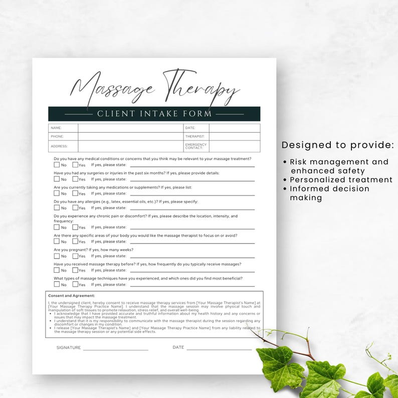 Massage Therapy Client Intake Template, Editable Client Consultation ...
