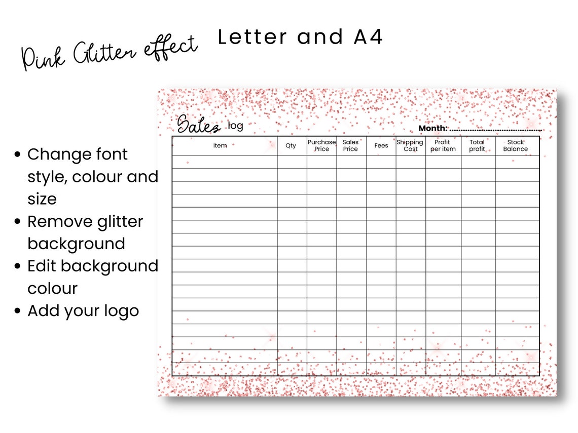 Pink Glitter Editable Sales Log Template, Sale and Purchase Inventory ...