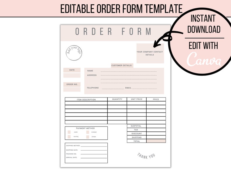 Editable Order Form Template, Printable and Customizable Order Forms ...