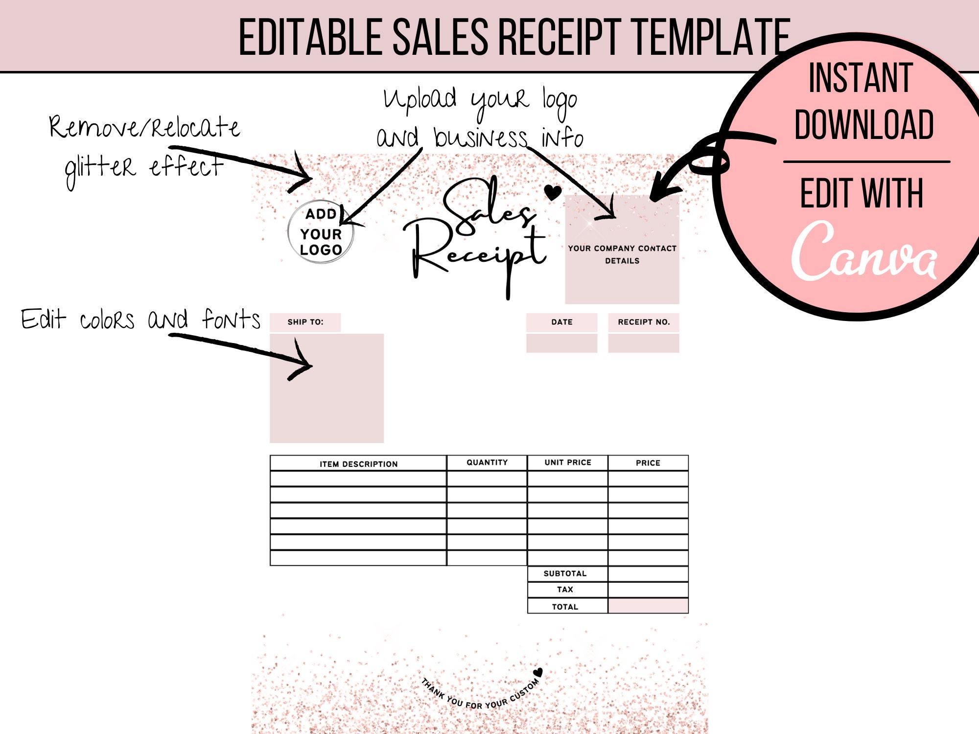 Editable Business Sales Receipt Template, Customizable and Printable ...