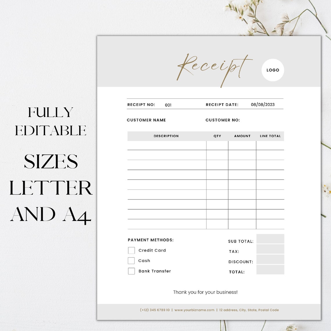 Editable Business Sales Receipt Template, Customizable and Printable ...
