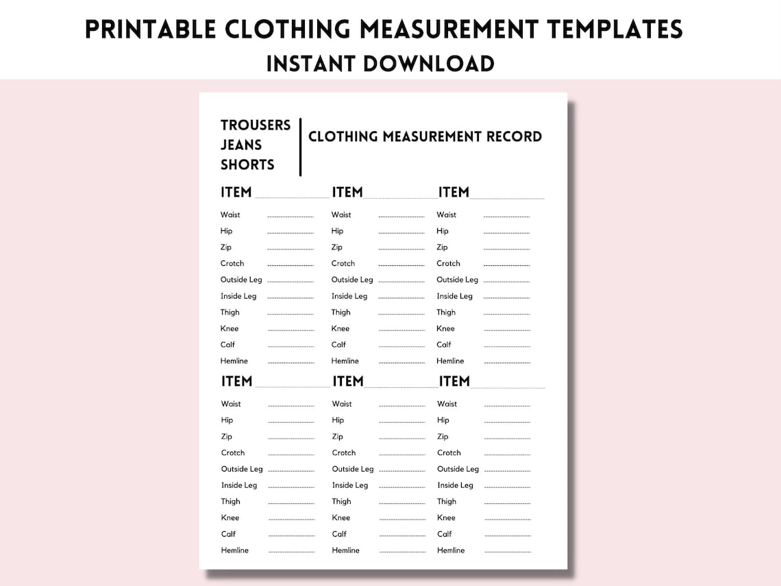 Printable Clothing Measurement Template | Reseller Measuring Record ...