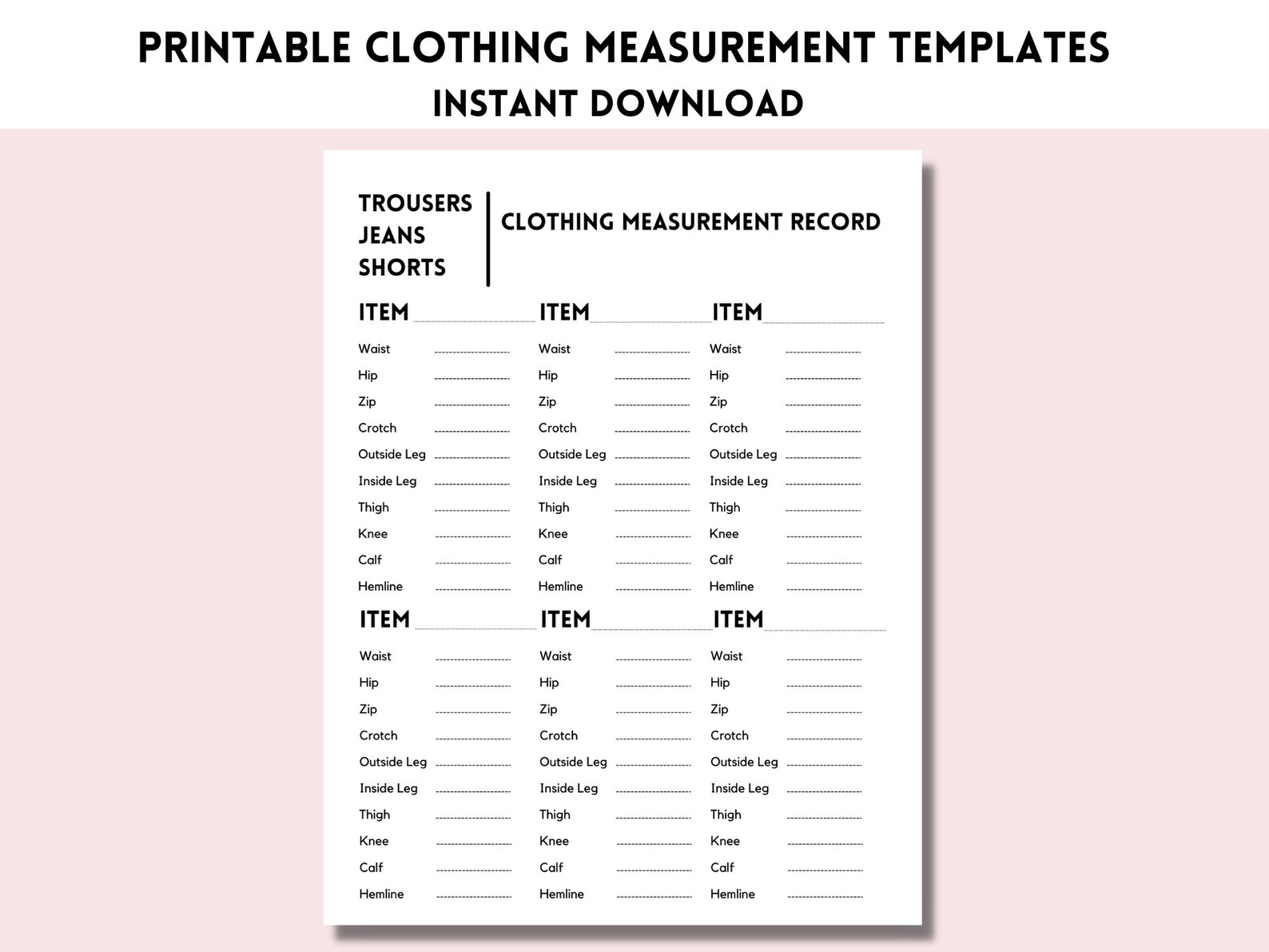 Printable Clothing Measurement Template | Reseller Measuring Record ...