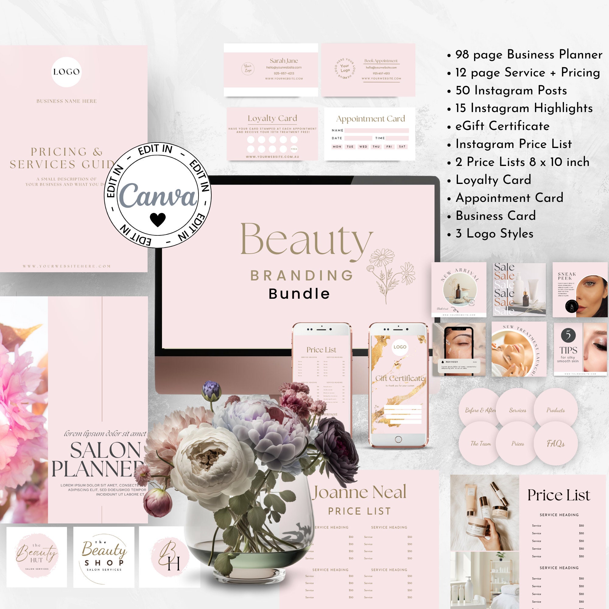 Beauty Brand Kit Canva, Pink Beauty Branding Bundle, Beautician ...