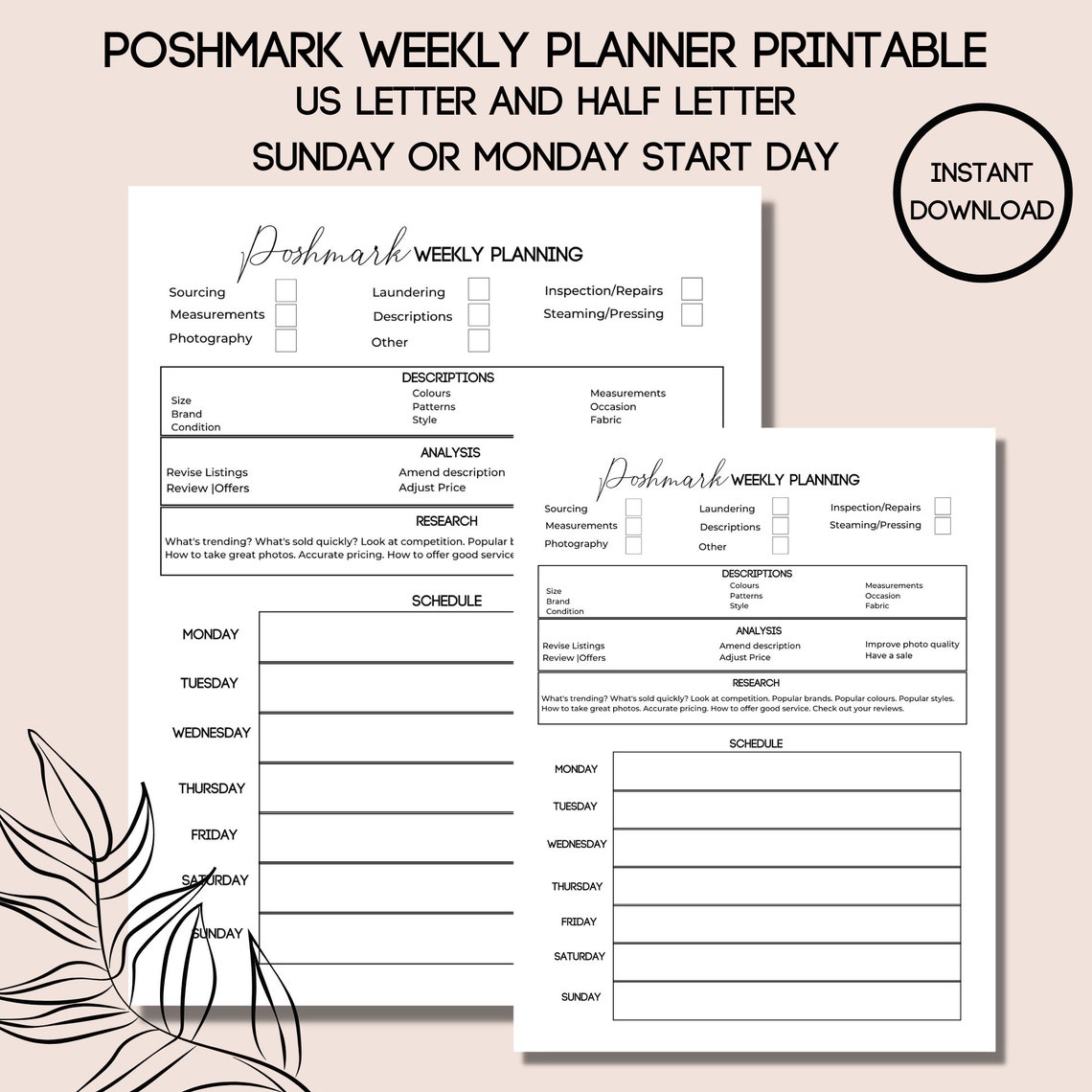 Poshmark Weekly Planner Printable, Instant Download, Reseller ...