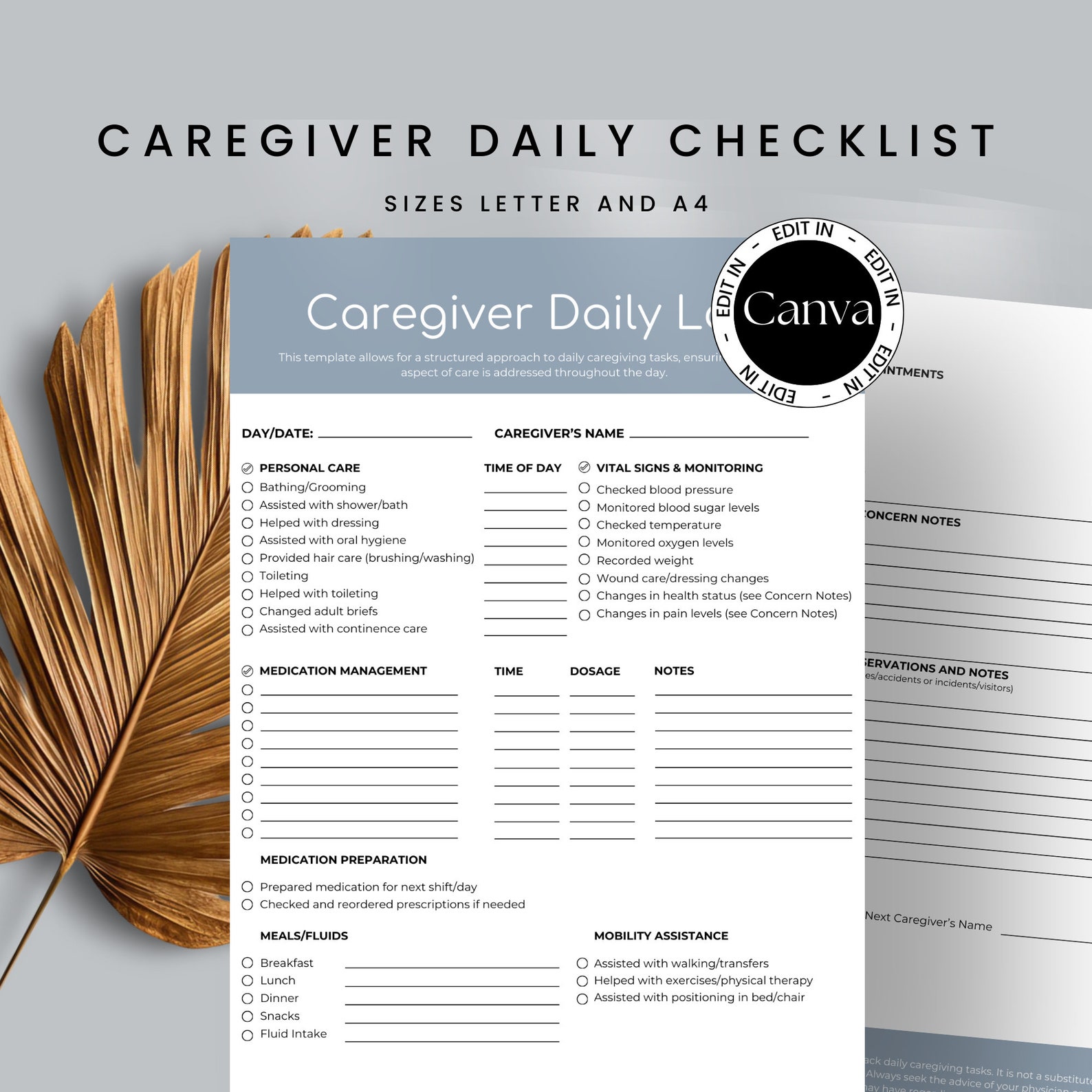 Daily Checklist for Elderly Care, Editable Caregiver Printable Record ...