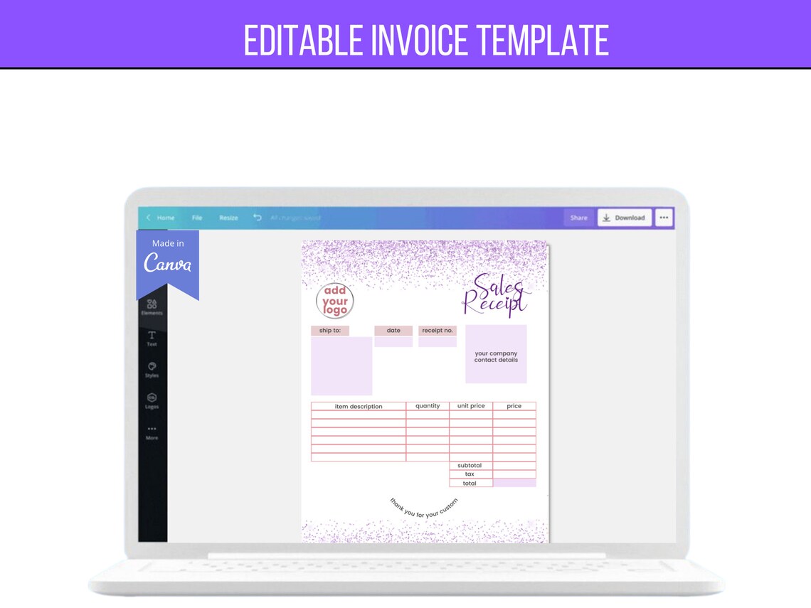 Editable Business Sales Receipt Template, Customizable and Printable ...