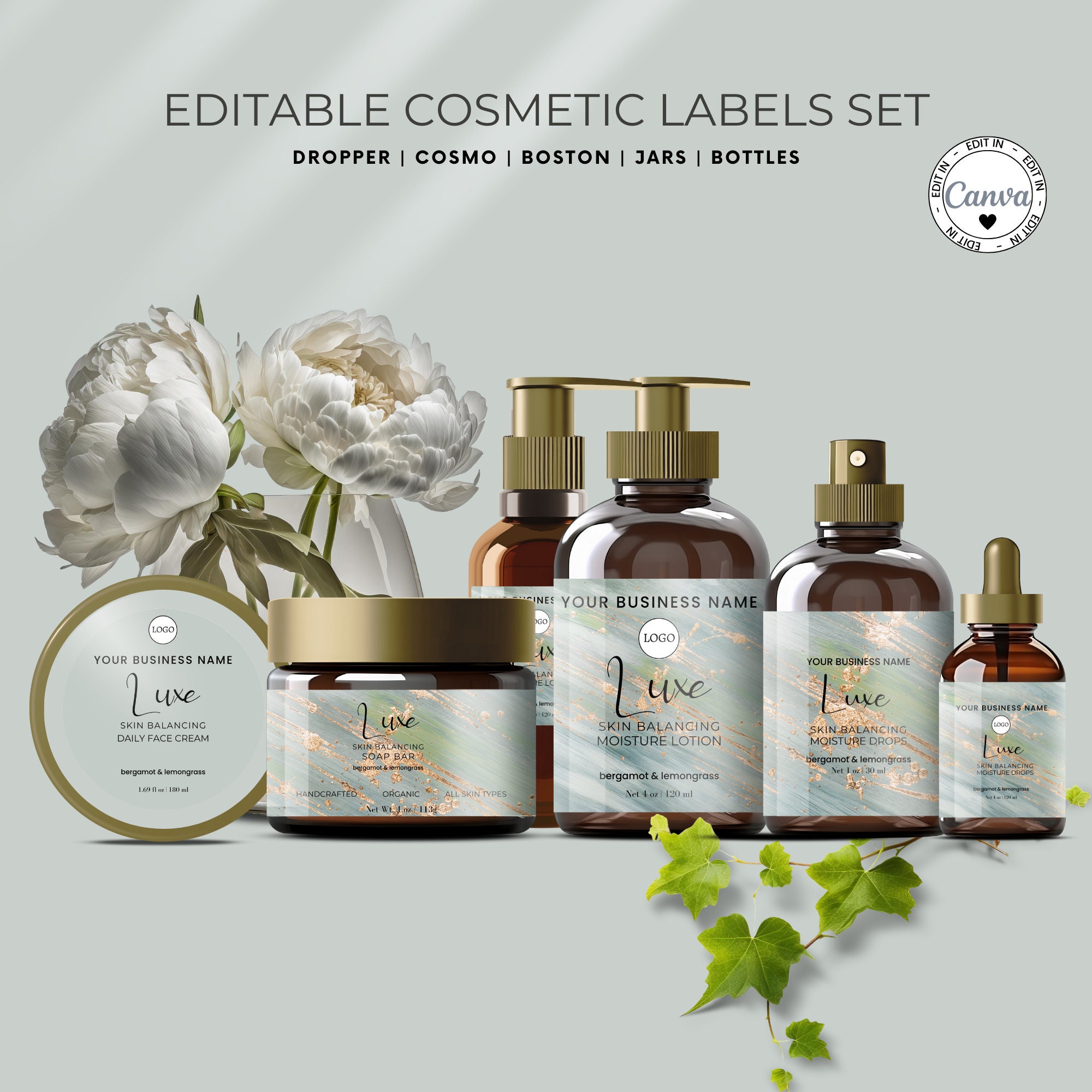 Cosmetic Bottle Labels Templates, Skincare Sticker Labels for Beauty ...