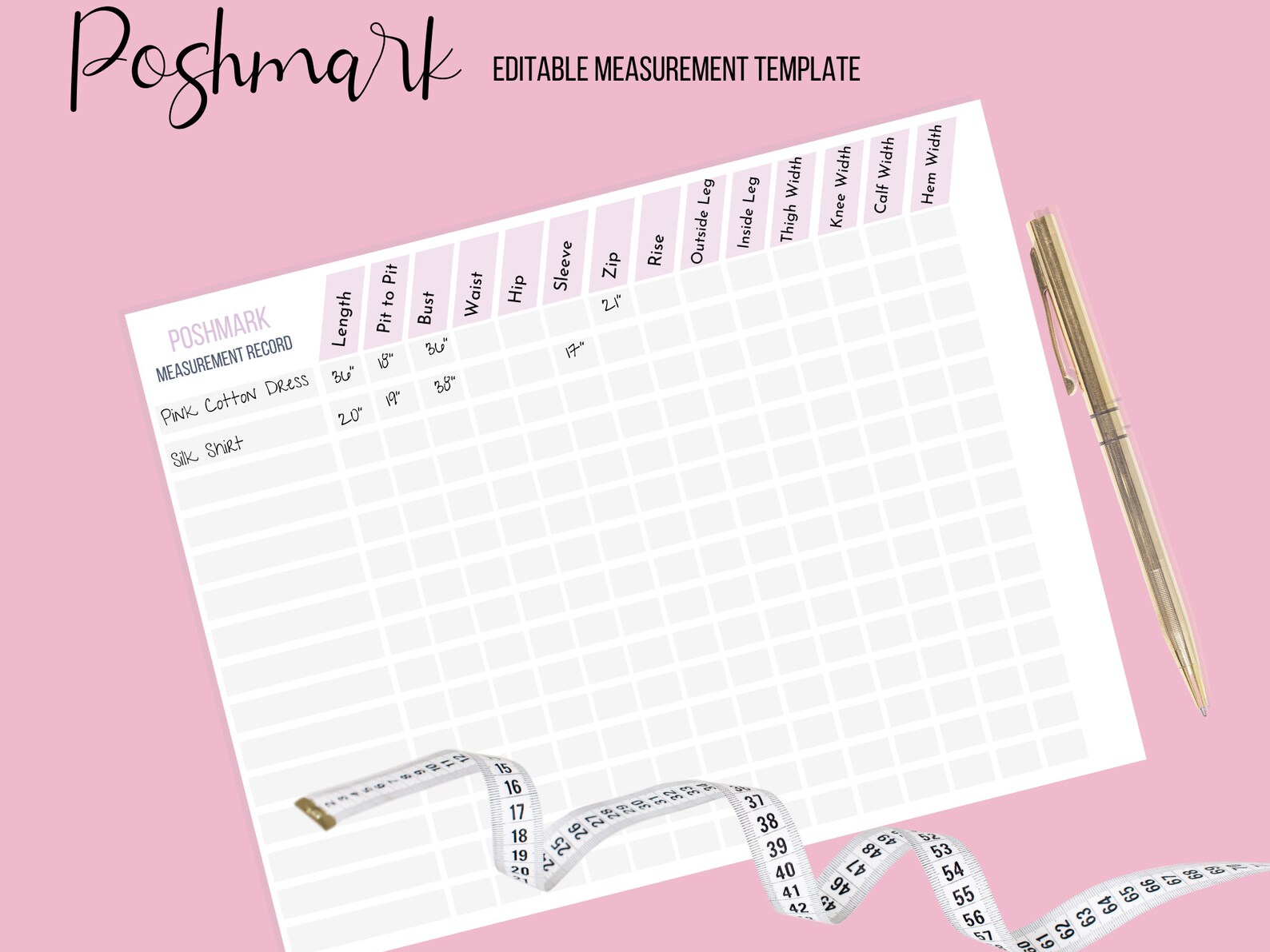 Poshmark Editable Measurement Template | Clothing Measurement Download ...