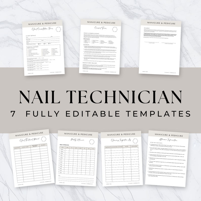 Editable Nail Technician Forms Bundle, Neutral Esthetician, Manicure ...