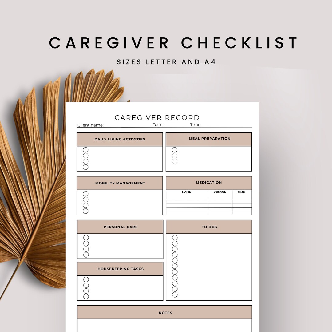 Daily Checklist for Elderly Care, Caregiver Printable Record Sheet ...